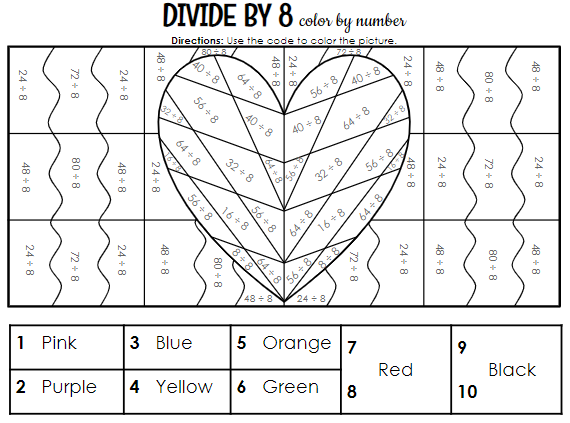 Valentine's Day Color By Number Activity Division (Divide by 8 Facts ...