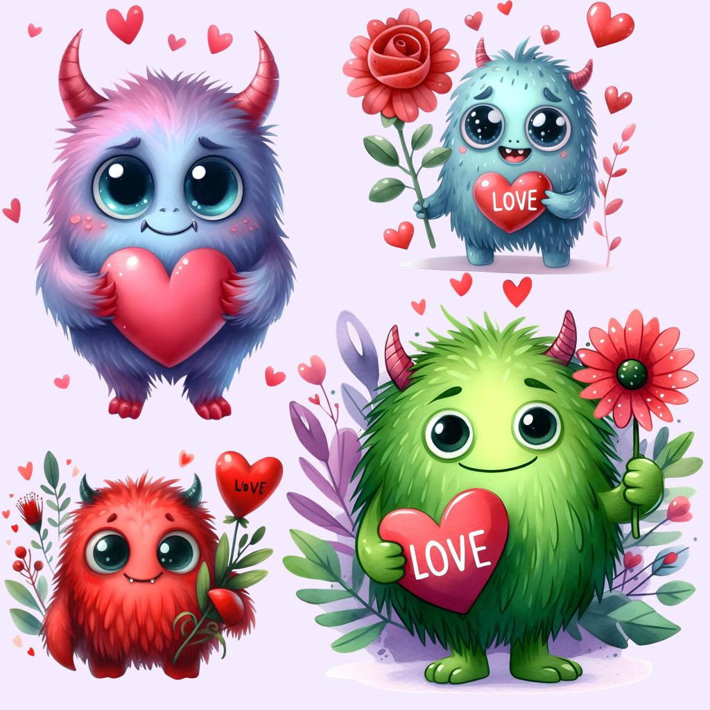 Watercolor Cute Valentine Monsters Clipart Bundle - 80 PNG Cute Cartoon ...
