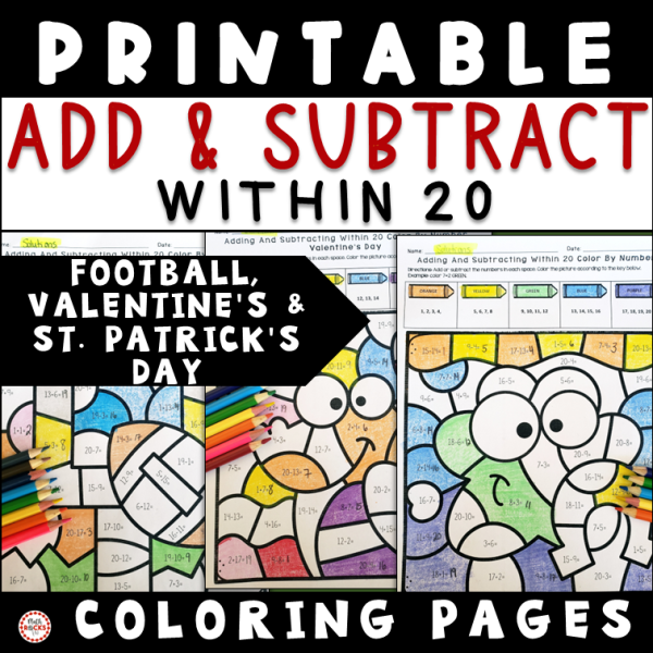Adding And Subtracting Within 20 Coloring Page Football Valentine's St ...