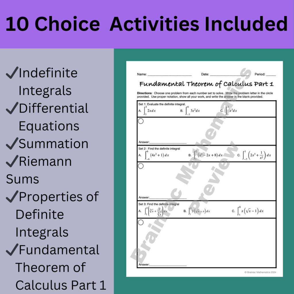 Integration Technique Choice Activity Workbook for Calculus 1 and AP ...