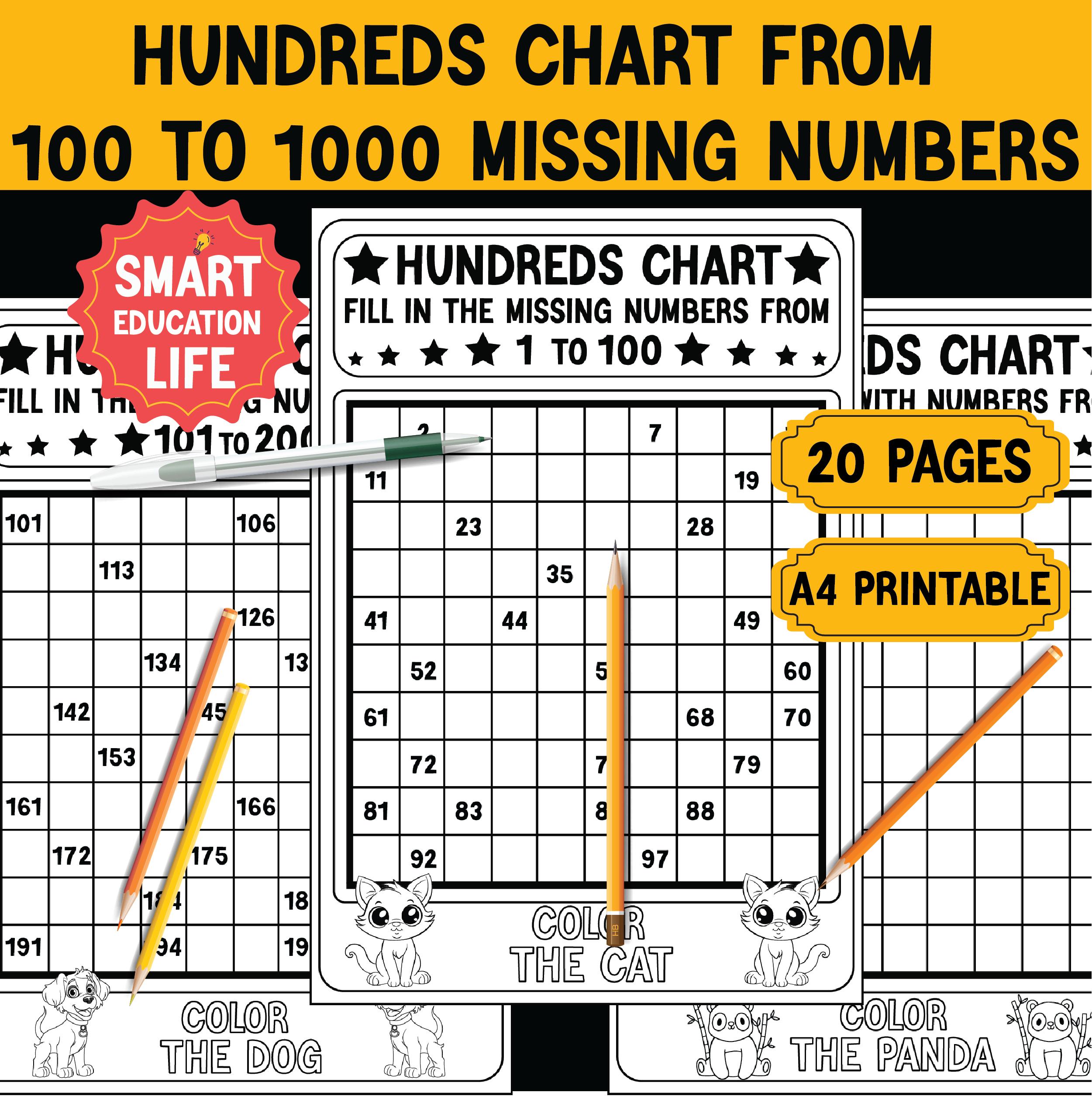100 to 400 CHART WORKSHEETS FILL IN THE MISSING NUMBERS FOR 1ST TO 4TH ...