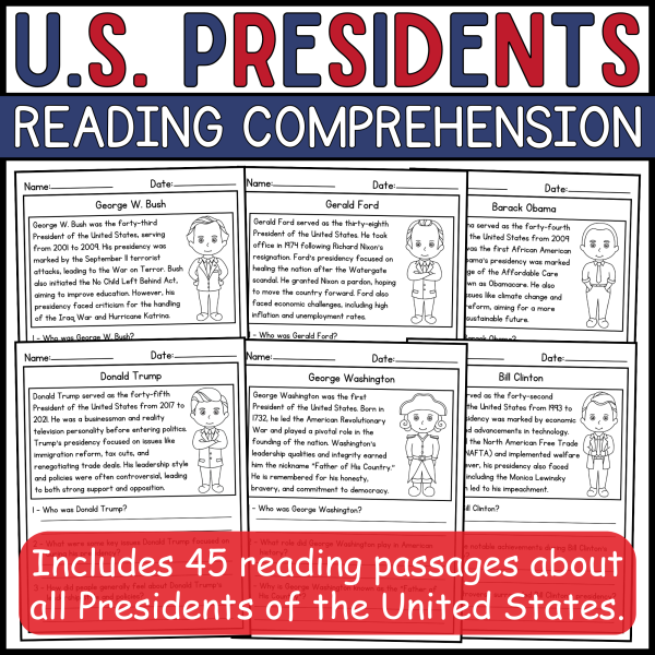 U.S. Presidents Reading Comprehension Passages and Question ...