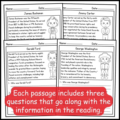 U.S. Presidents Reading Comprehension Passages and Question ...