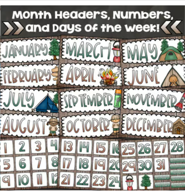 Calendar Set Classroom Decor Back to School Camping Camp Out Theme ...