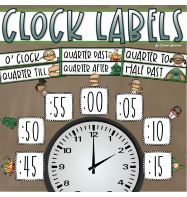 Clock Labels Telling Time Camping Camp Out Theme - Made By Teachers