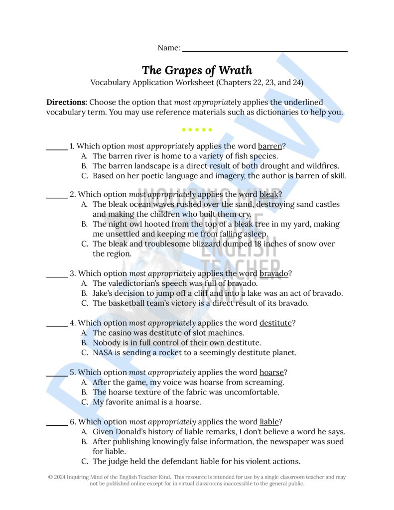 The Grapes of Wrath by John Steinbeck Vocabulary Games Bundle for High ...