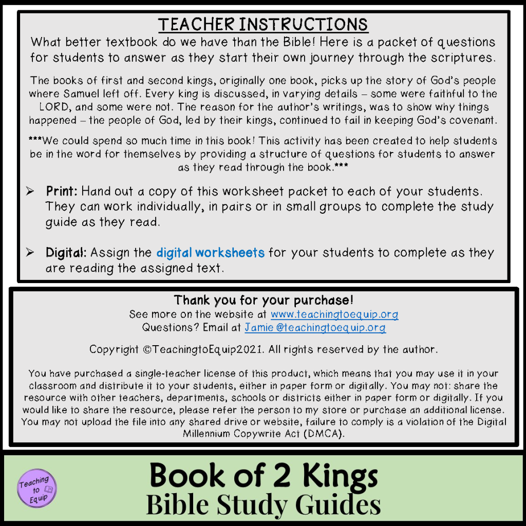 2 Kings Bible Study Questions Worksheet Packet - Made By Teachers