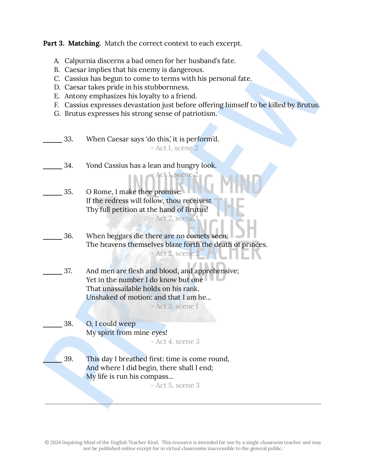 Shakespeare's Julius Caesar Test and Answer Key for High School | Made ...