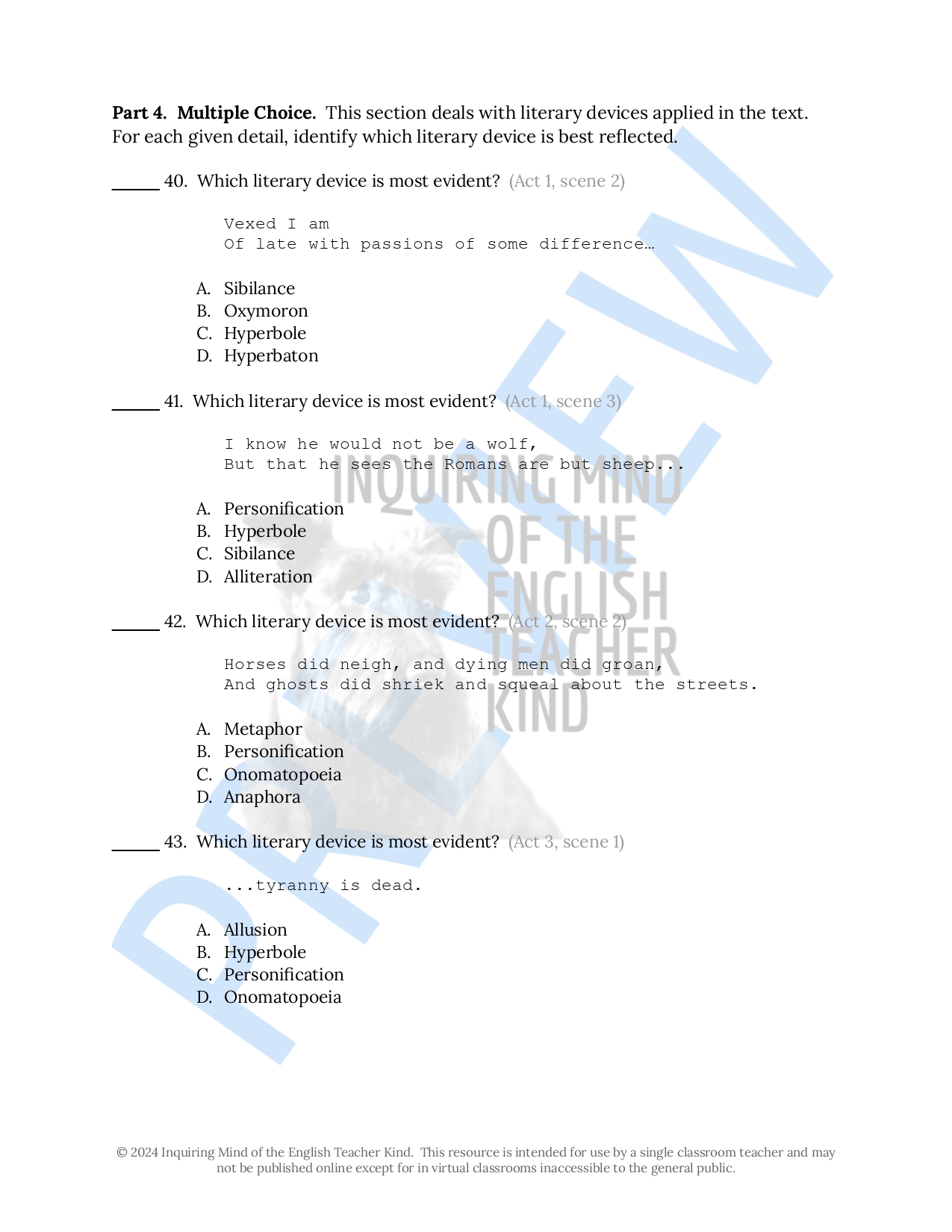 Shakespeare's Julius Caesar Test and Answer Key for High School | Made ...
