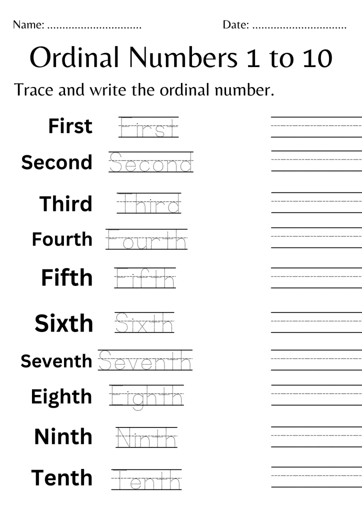 Ordinal numbers 1 to 10 worksheet for kindergarten - Writing ordinal ...