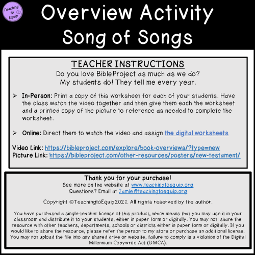 Book of Song of Solomon Bible Summary Overview Activity - Made By Teachers