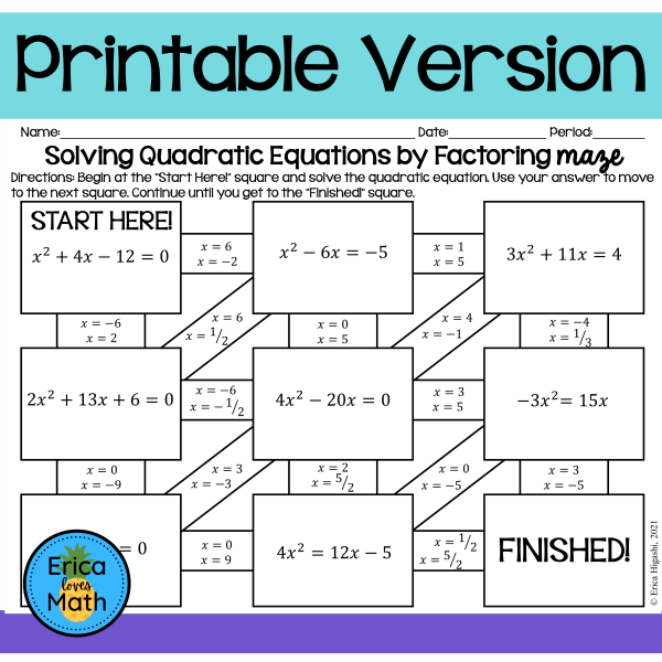 Solving Quadratic Equations by Factoring Activity Printable & Digital ...