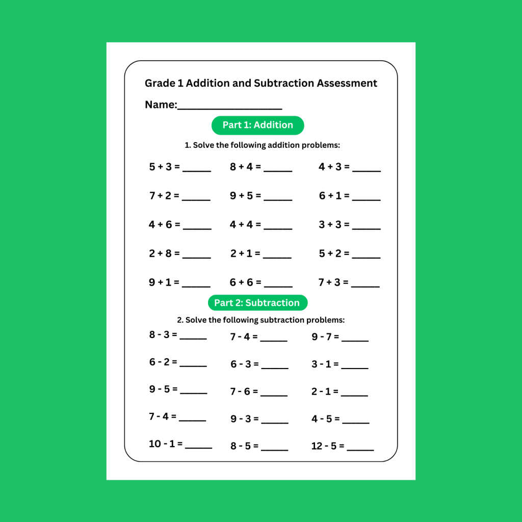 Math Skills Assessment Addition and Subtraction Worksheet | Made By ...