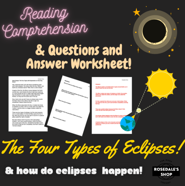 Solar Eclipse Reading Comprehension & Worksheet for Kids (Answers ...