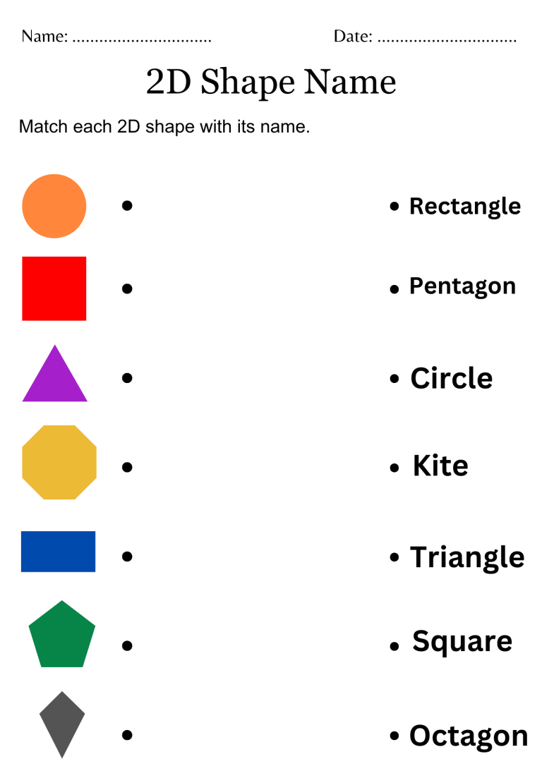 2d shape name matching worksheet for kindergarten - Made By Teachers