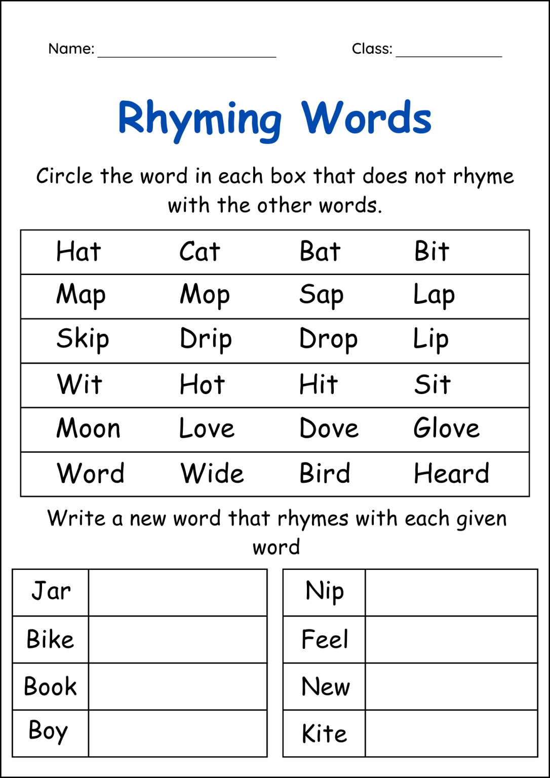 Printable Match Rhyming Words Activities Worksheets - 1st Grade Rhyming ...