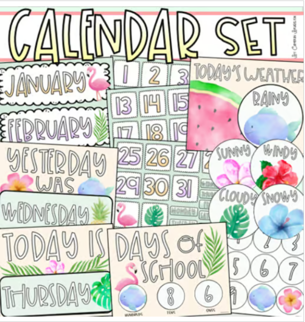 Calendar Set Classroom Decor Back to School Watercolor Tropical Theme ...