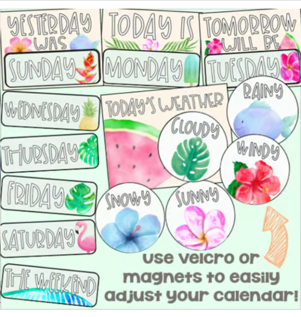 Calendar Set Classroom Decor Back to School Watercolor Tropical Theme ...