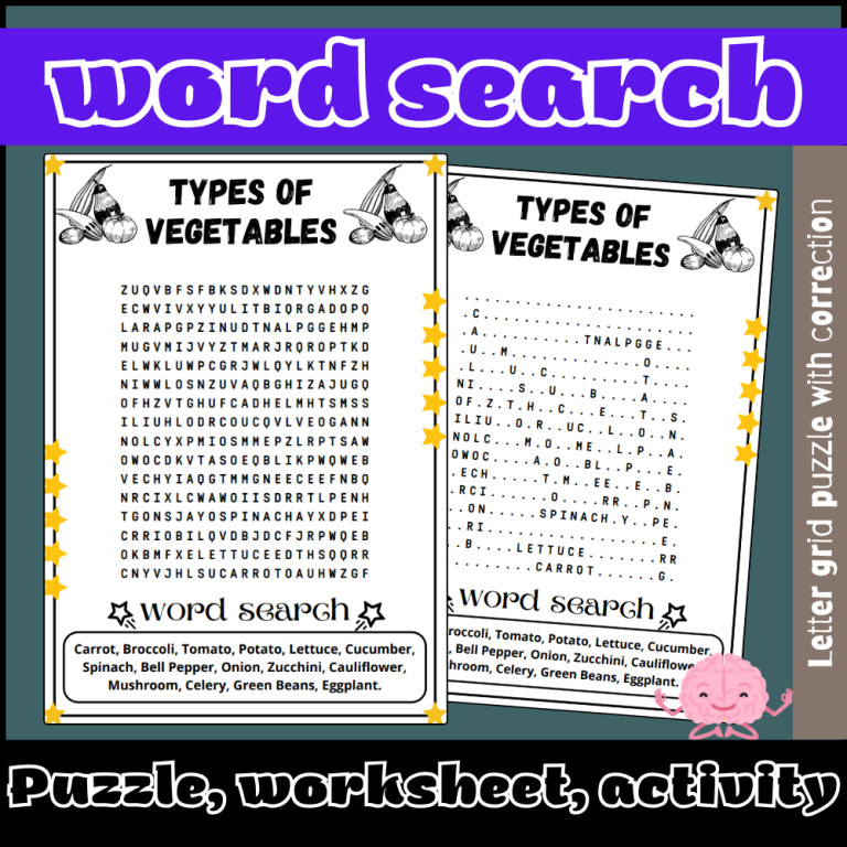 Types of vegetables : Word search puzzle worksheet activity | Made By ...