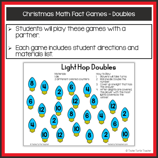 Christmas Addition Doubles Strategy Math Fact Games: Partner Centers ...