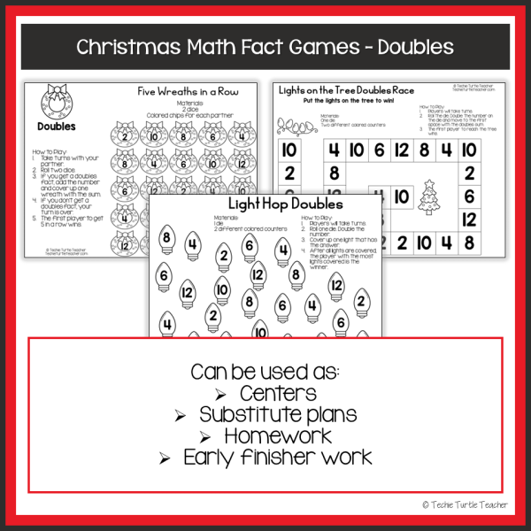 Christmas Addition Doubles Strategy Math Fact Games: Partner Centers ...