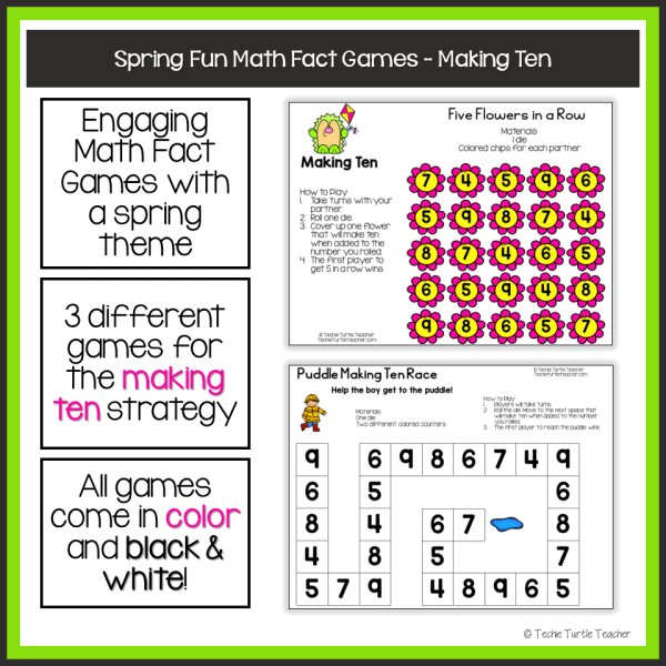 Spring Addition Making Ten Strategy Math Fact Games: Partner Centers ...