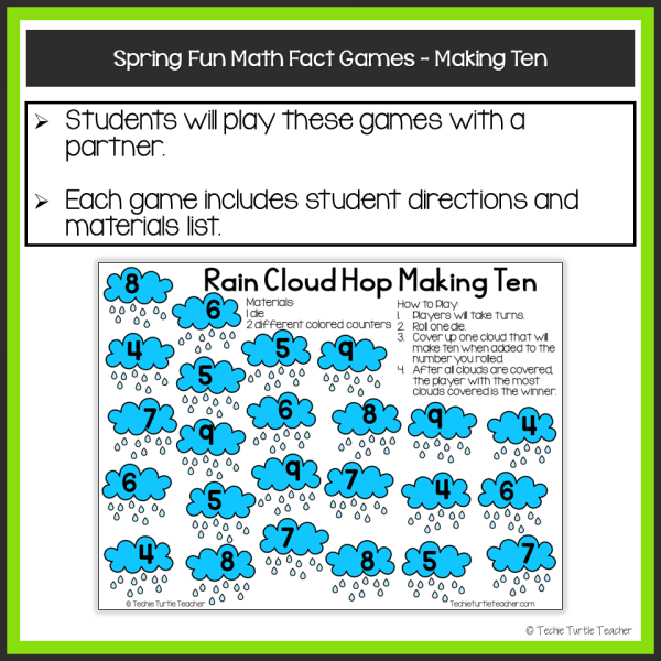 Spring Addition Making Ten Strategy Math Fact Games: Partner Centers ...