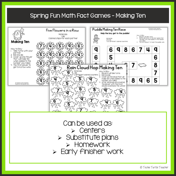 Spring Addition Making Ten Strategy Math Fact Games: Partner Centers ...