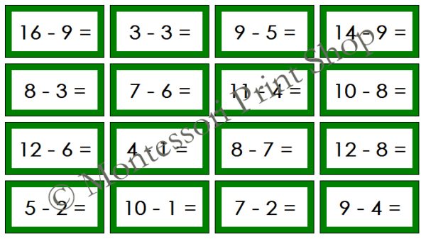 Subtraction Equation Slips (color-coded) - Montessori Math | Made By ...