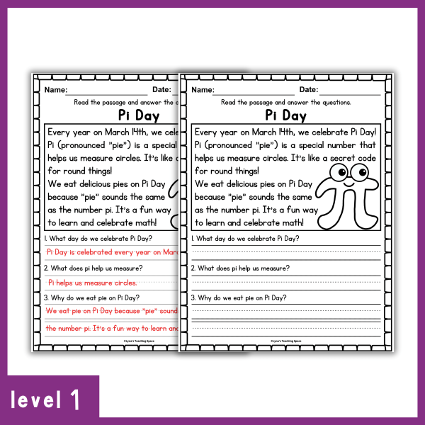 Pi Day Reading Comprehension Passages & Questions | 2 levels - Made By ...