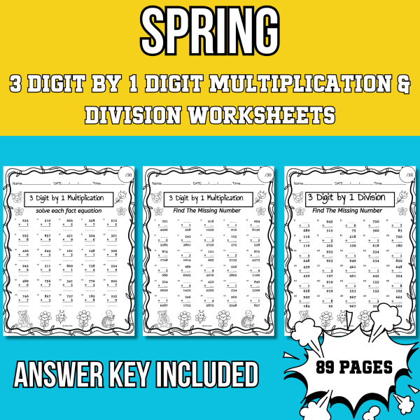 Spring 3-Digit by 1-Digit Multiplication & Division|Missing Numbers ...