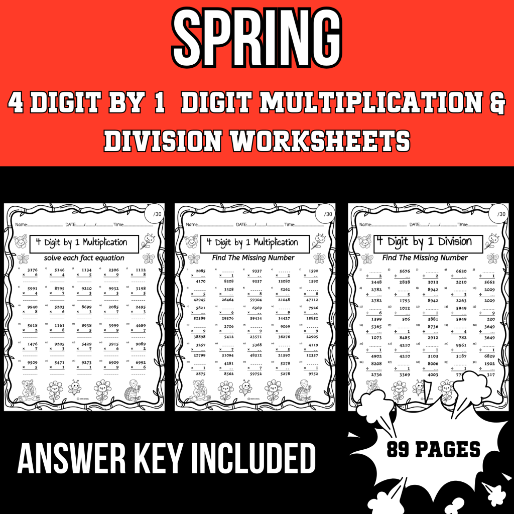 Spring 4-Digit by 1-Digit Multiplication & Division|Missing Numbers ...