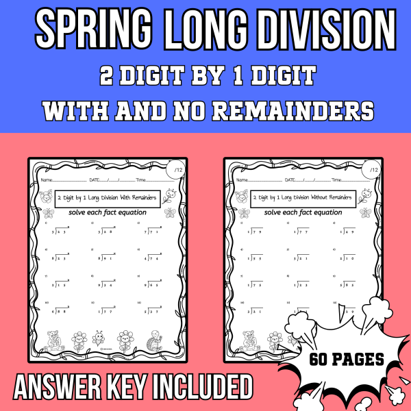 Spring 2-Digit by 1-Digit Long Division Worksheets - With & Without ...