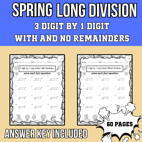 Spring 3-Digit by 1-Digit Long Division Worksheets - With & Without ...