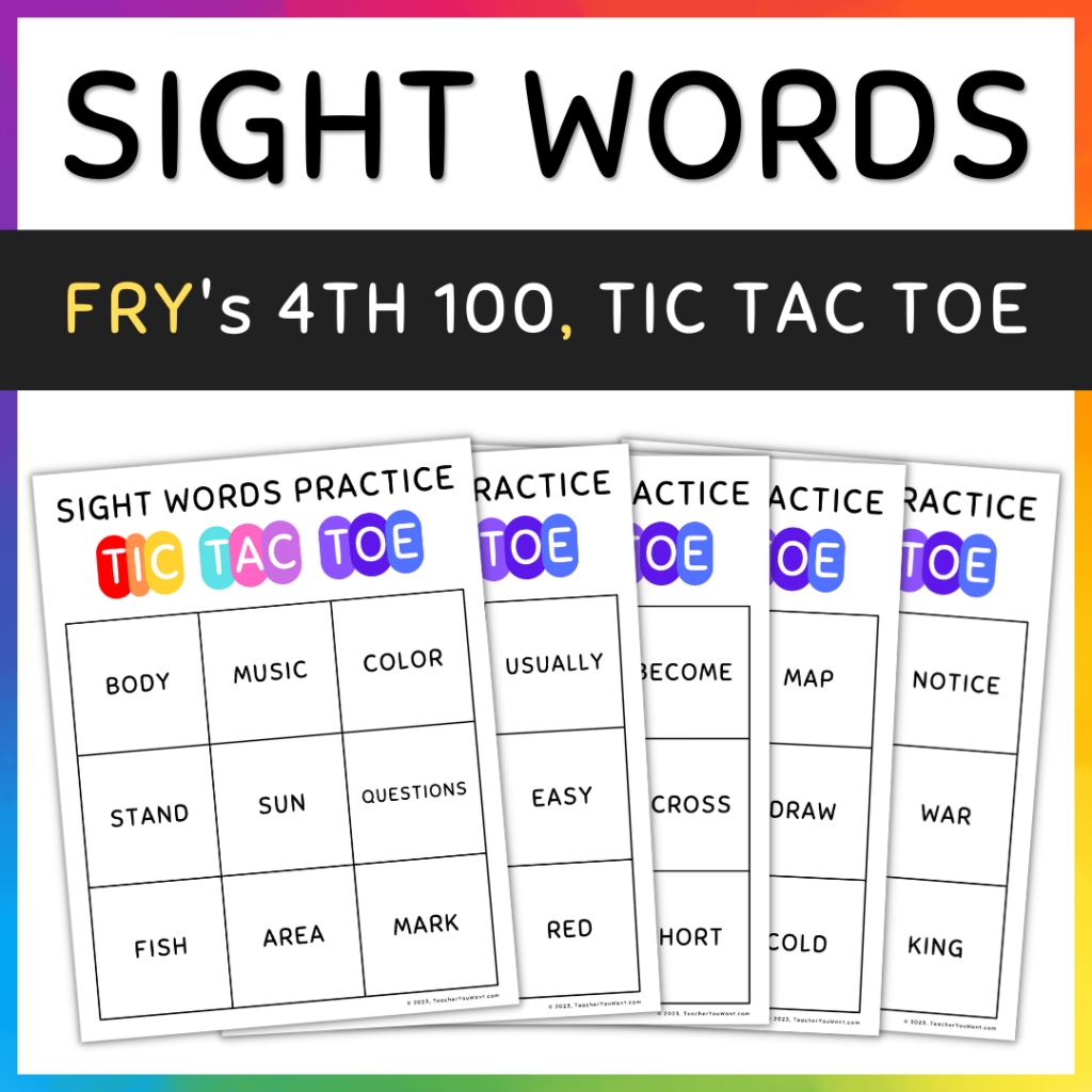 Fry Sight Words Tic Tac Toe Practice Game Worksheets, 4th 100 | Made By ...