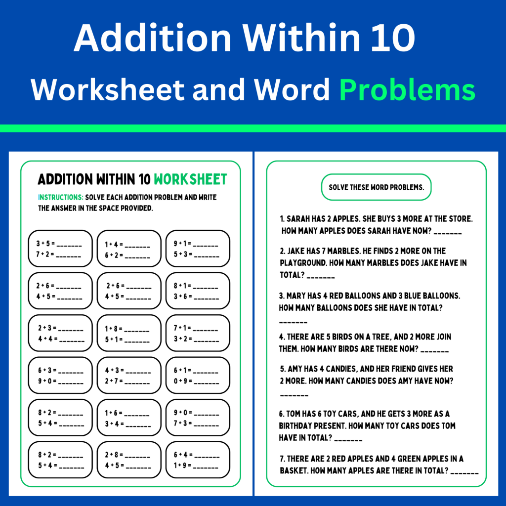 Addition Within 10 Worksheet - Word Problems - Made By Teachers
