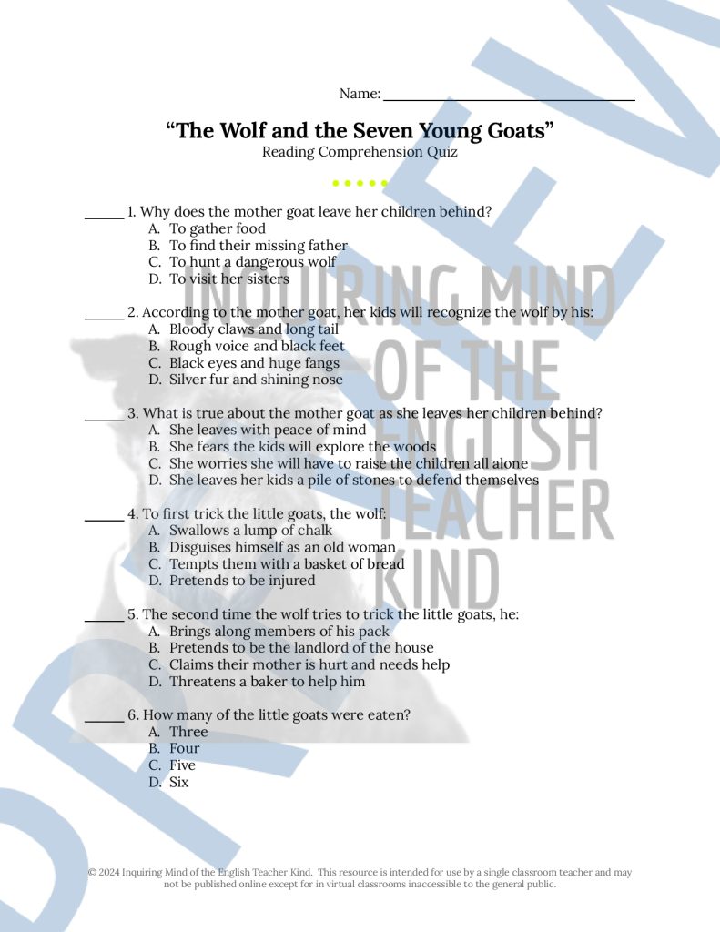 "The Wolf and the Seven Young Goats" by the Brothers Grimm Quiz and ...