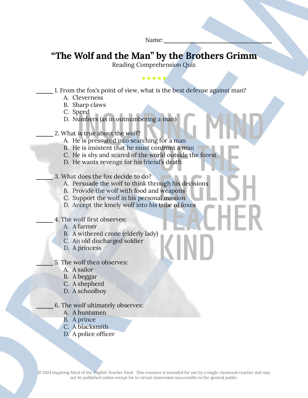 "The Wolf and the Man" by the Brothers Grimm Quiz and Close Reading ...