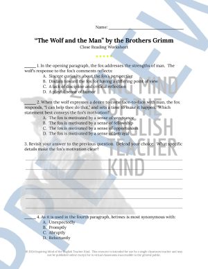 "The Wolf and the Man" by the Brothers Grimm Quiz and Close Reading ...