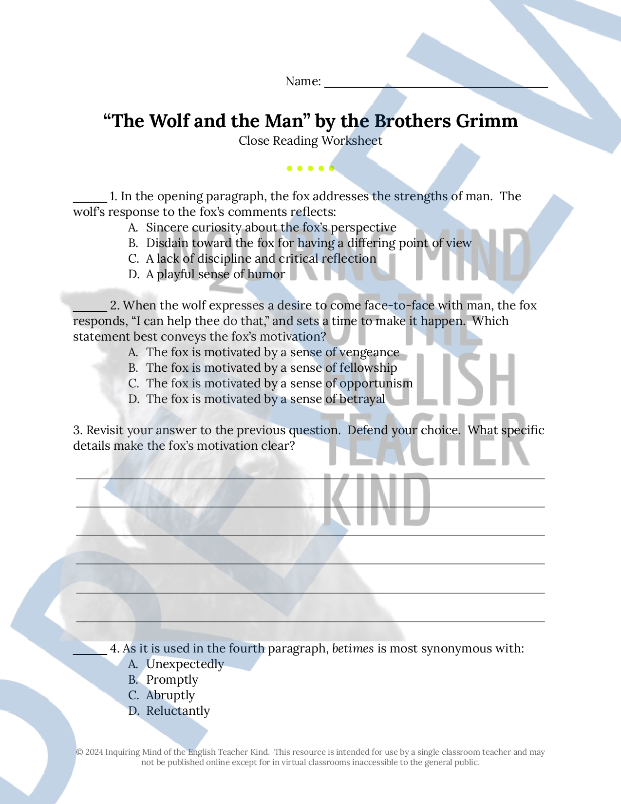 "The Wolf and the Man" by the Brothers Grimm Quiz and Close Reading ...