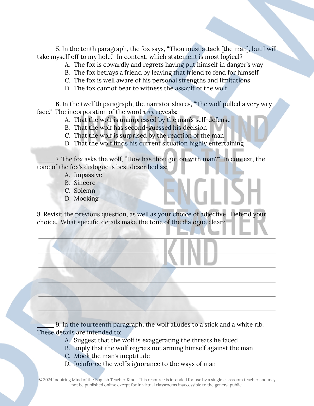 "The Wolf and the Man" by the Brothers Grimm Quiz and Close Reading ...