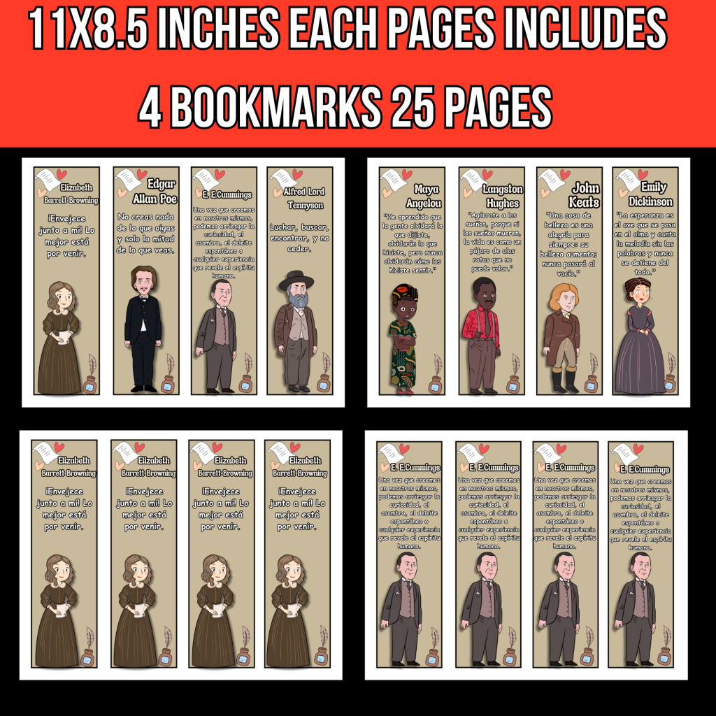 Spanish National Poetry Month Colorful Bookmarks|Famous Poets colorful ...
