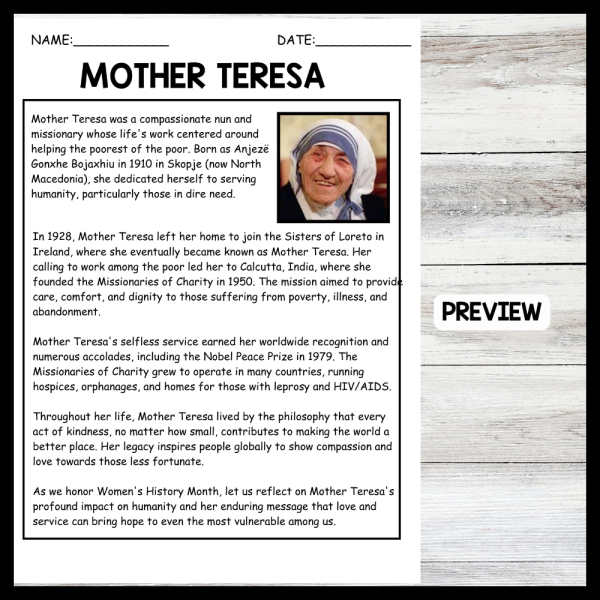 Women's History Month MOTHER TERESA BIOGRAPHY Reading Comprehension ...