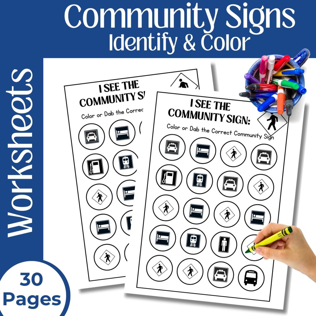 Community Signs Worksheets, Life Skills, Identify and Color, Elementary ...