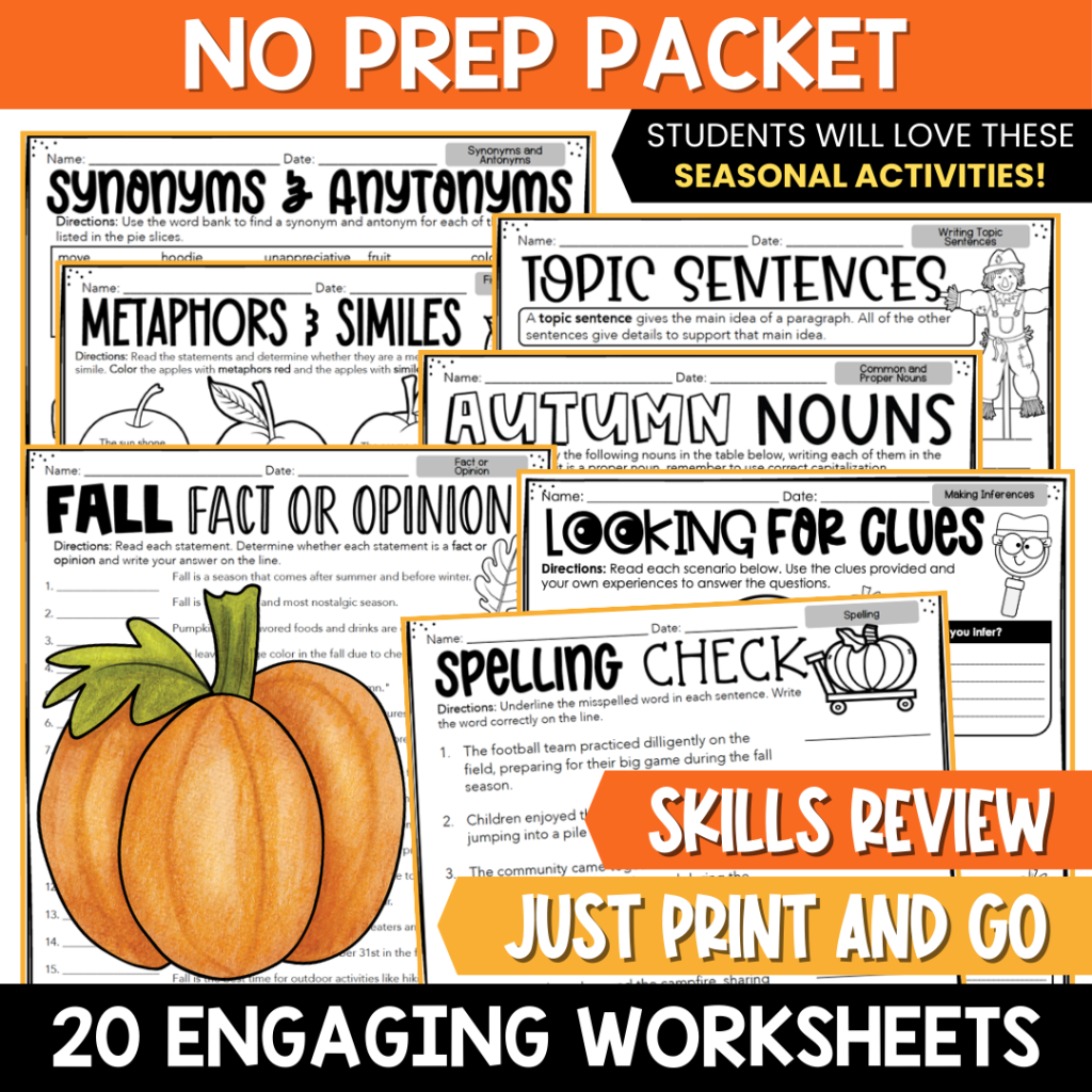 Fall Reading and Language Arts Worksheets & Activities / Thanksgiving ...