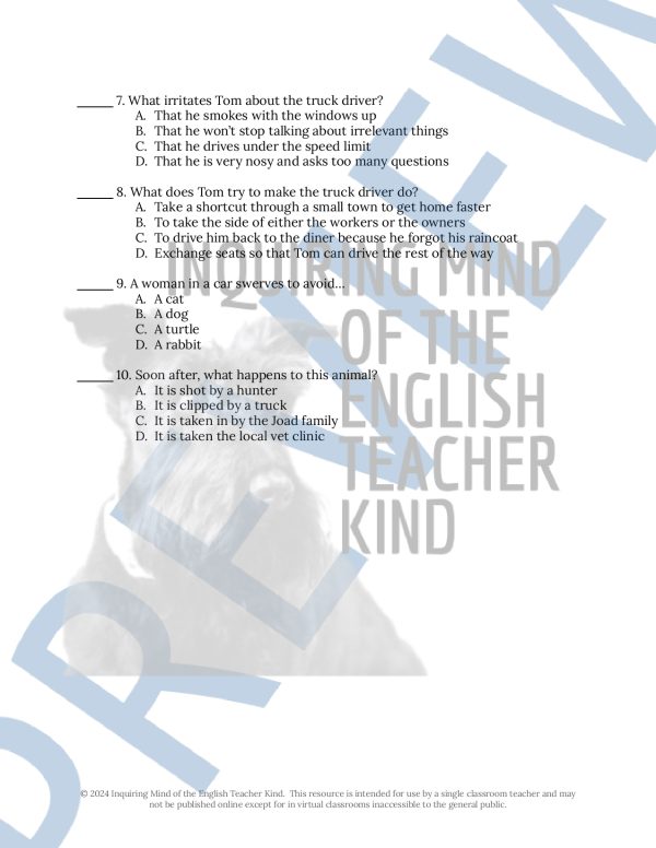 The Grapes of Wrath Quiz and Answer Key (Chapters 1, 2, and 3) - Made ...