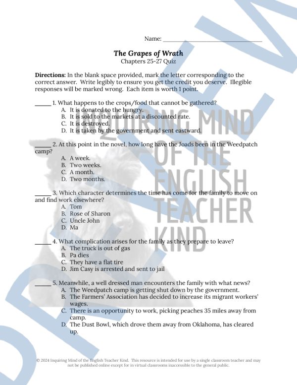 The Grapes of Wrath Quiz and Answer Key (Chapters 25, 26, and 27 ...