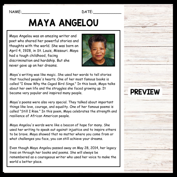 National Poetry Month Maya Angelou BIOGRAPHY Reading Comprehension ...