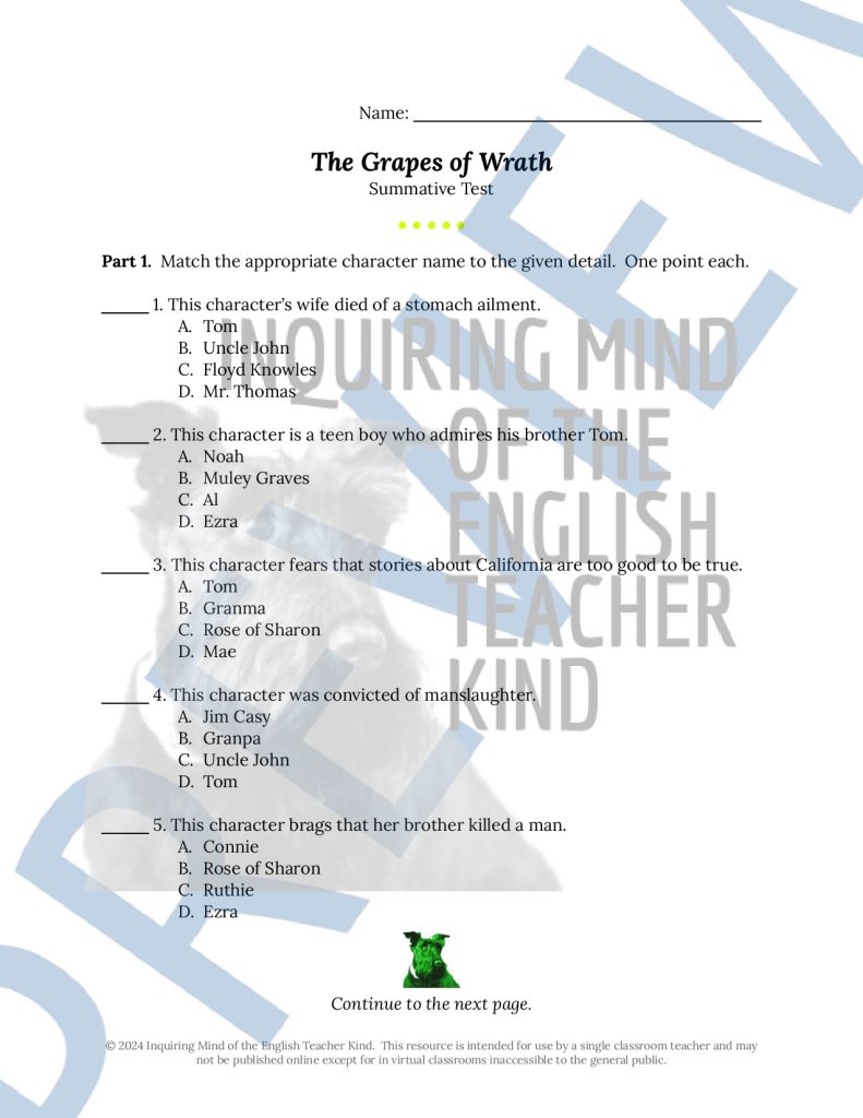 The Grapes of Wrath Quizzes, Vocabulary Games, Test, and Answer Keys ...