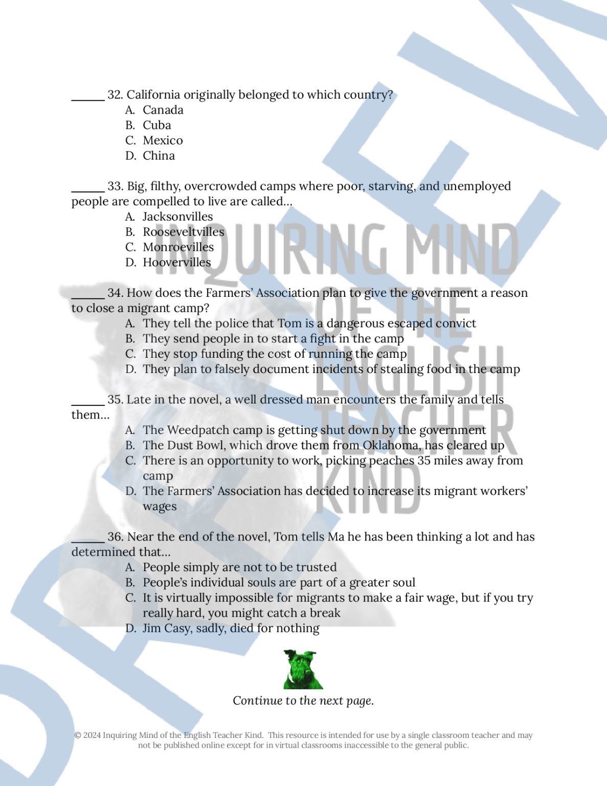The Grapes of Wrath Quizzes, Vocabulary Games, Test, and Answer Keys ...
